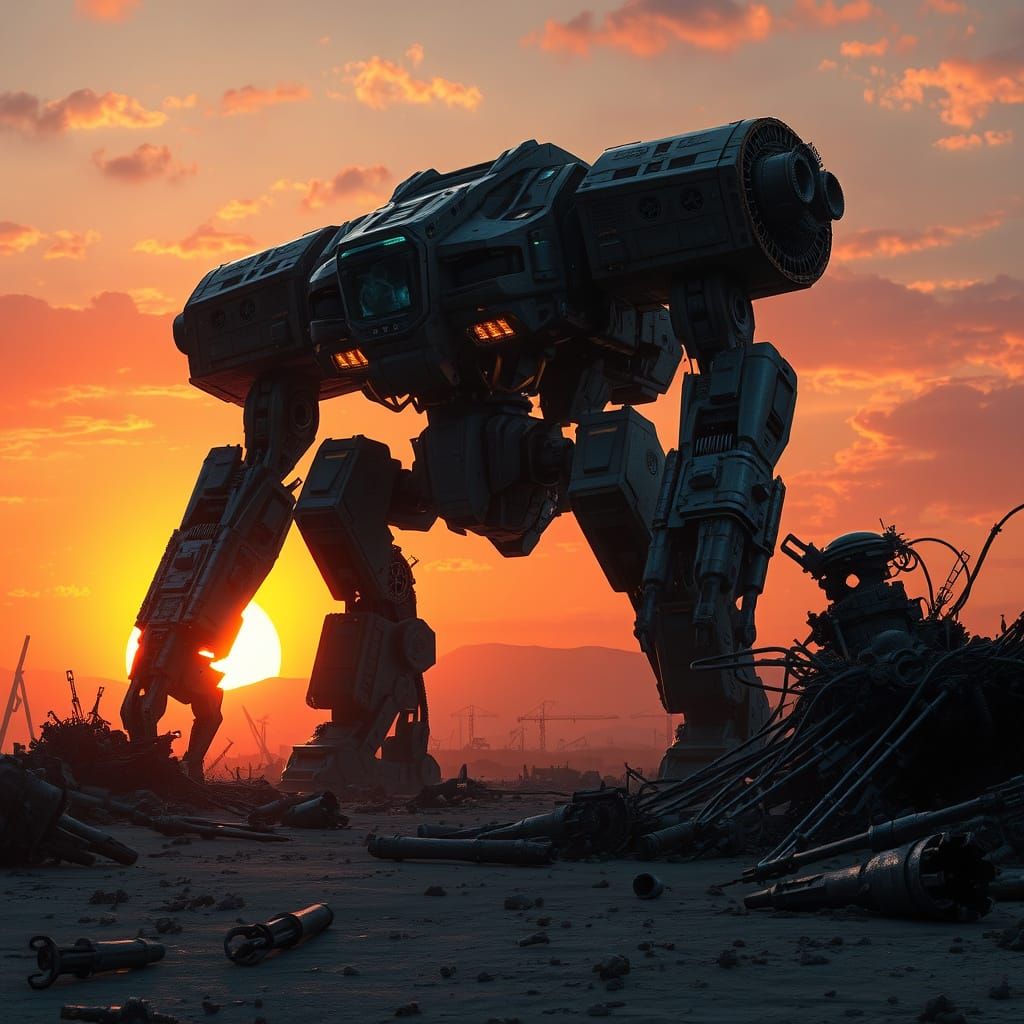 Epic Robot Mech Silhouetted Against Binary Sunset ... - AI Art