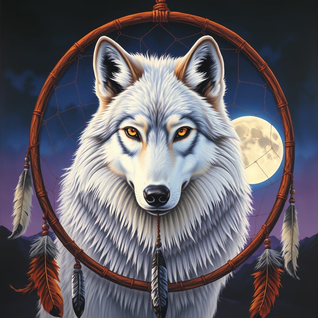 Majestic Wolf Under Full Moon with Dreamcatcher in... - AI Art