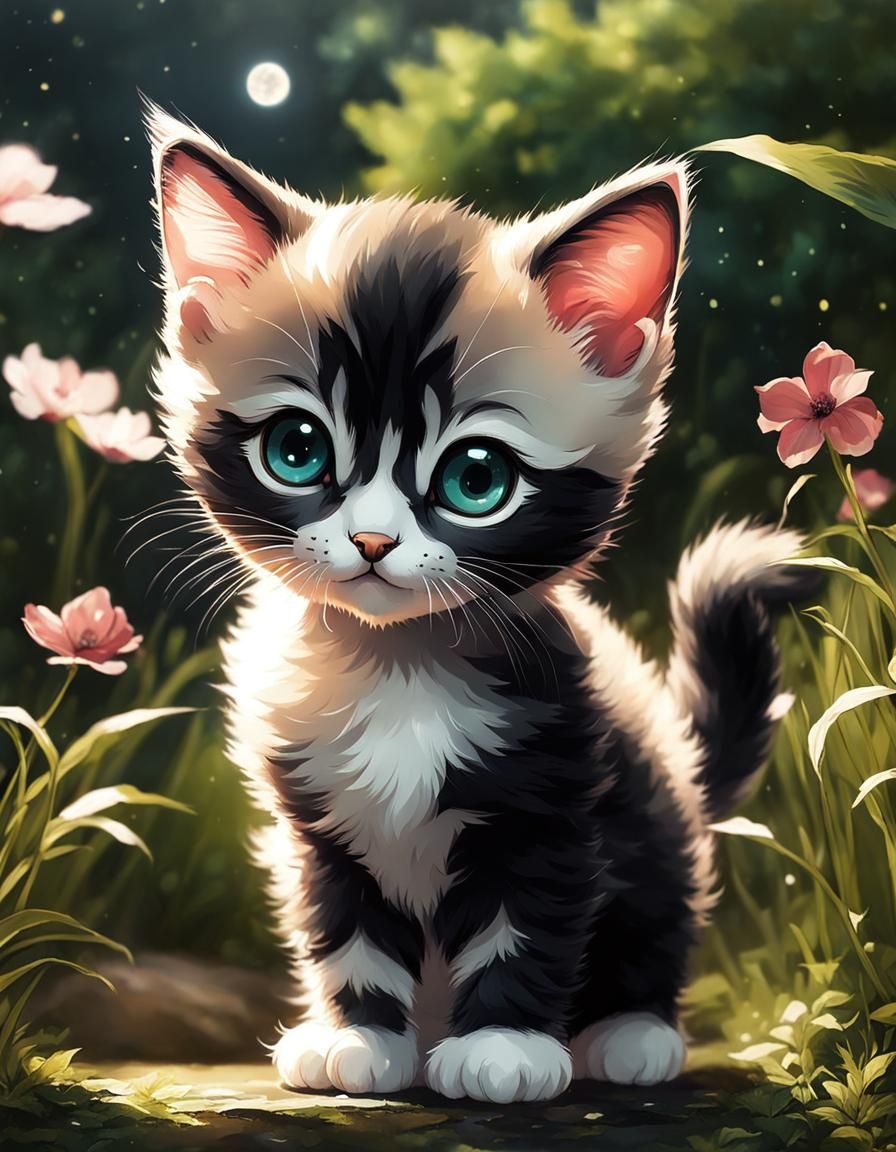 cute adorable chibi baby kitten with big big huge galaxy eyes on a ...
