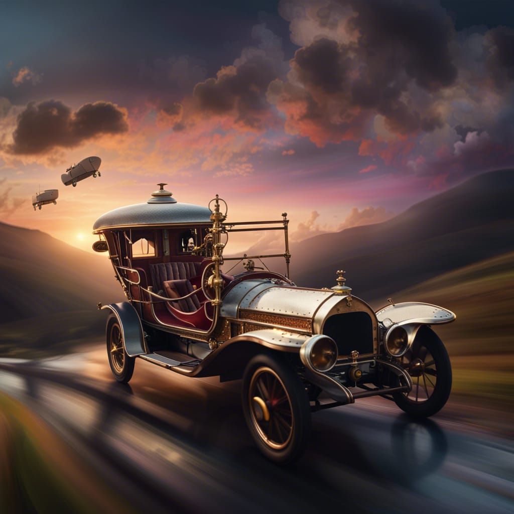 chitty chitty bang bang car in the flying in the air against a twilight ...