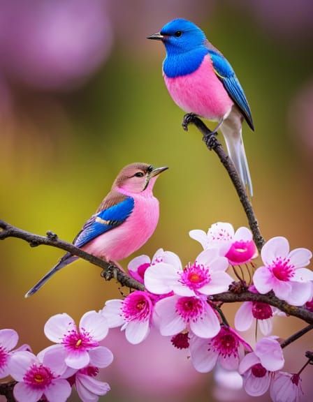 a couple of birds sitting on top of a cherry blossom tree branch, 🌸 🌼 💮 ...