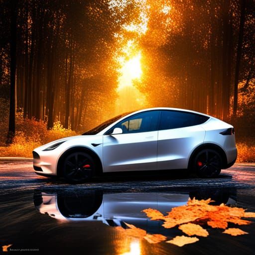 very detailed Tesla Model Y by a breathtakingly beautiful waterful with ...