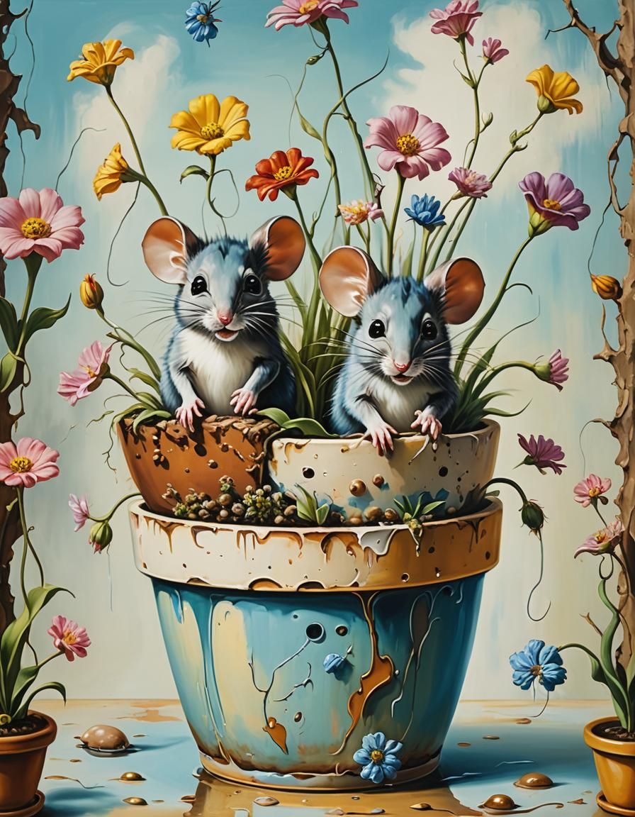 spring flower pot cute mice - AI Generated Artwork - NightCafe Creator