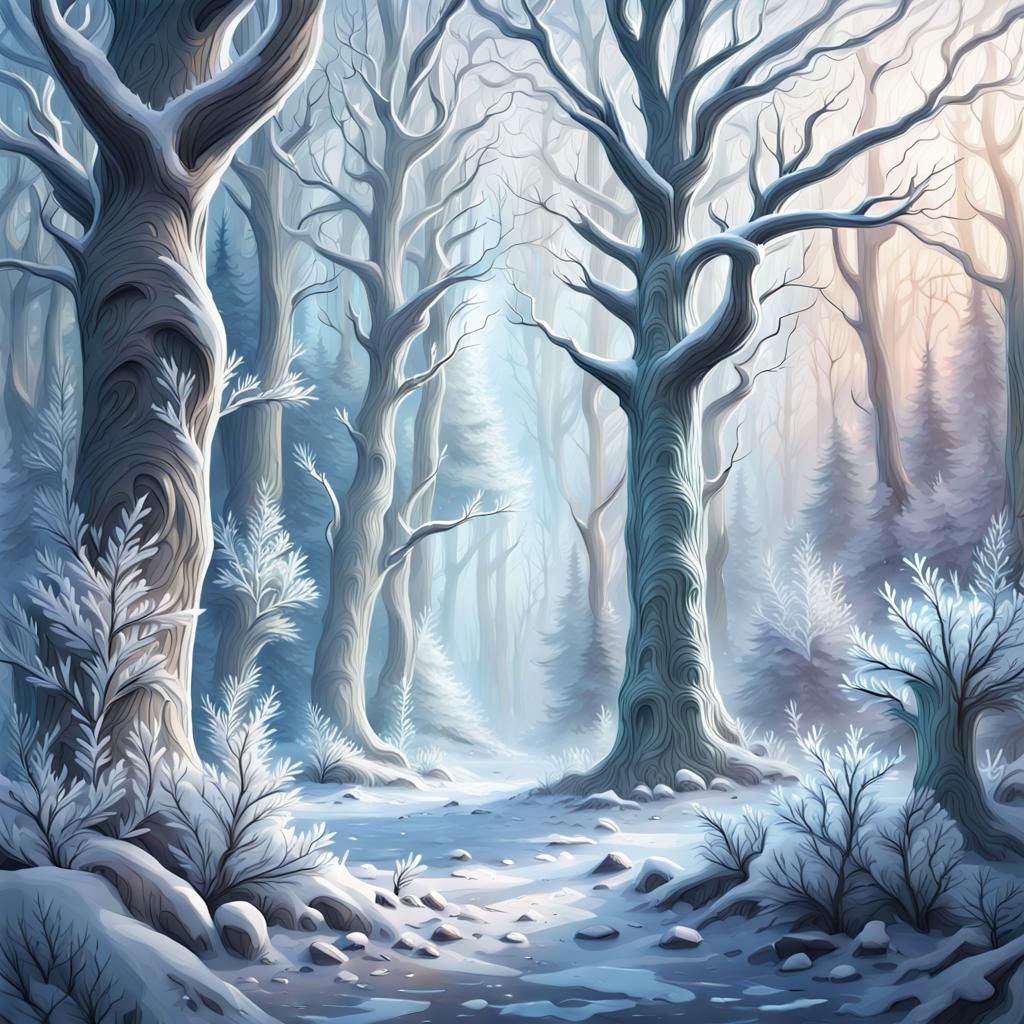 Icy Forest Wonderland Subject: A dense forest transformed into a winter ...