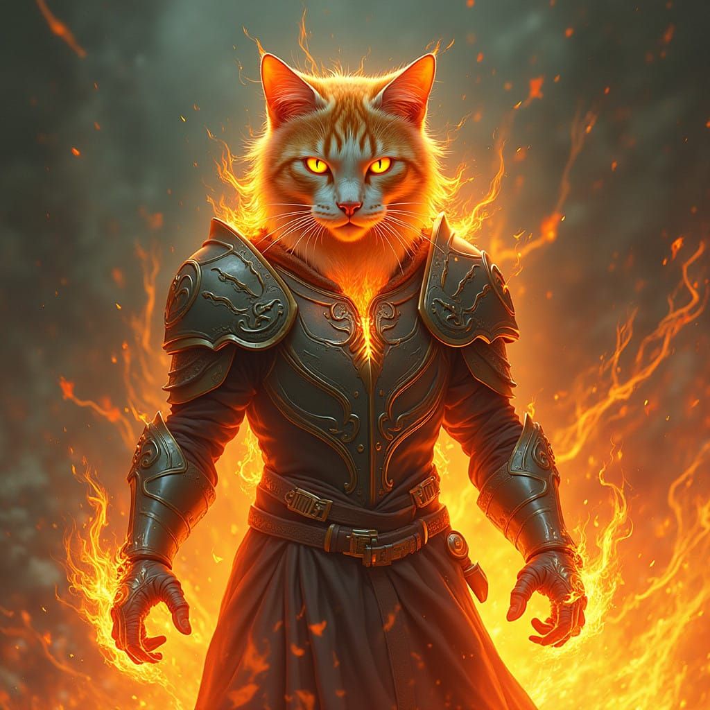 a fire themed cat wearing a armor - Heroic Cat in Flame-Etch...