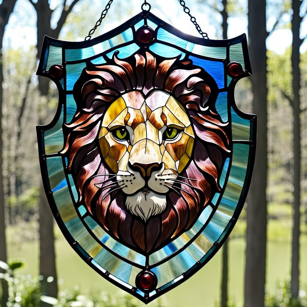 stained glass shield with a lion head - AI Generated Artwork ...
