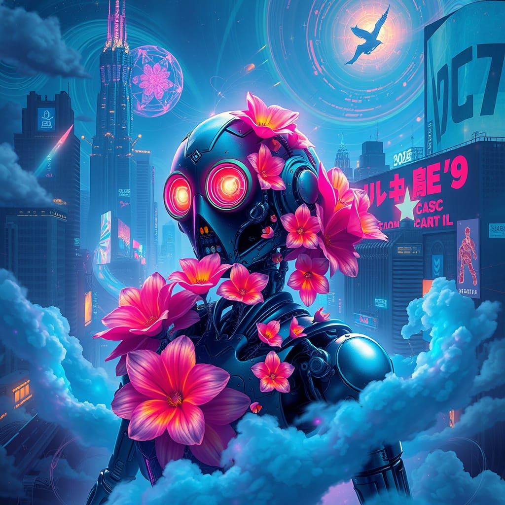 Cosmic robot with flowers in city - Cyberpunk Robot Amidst I...