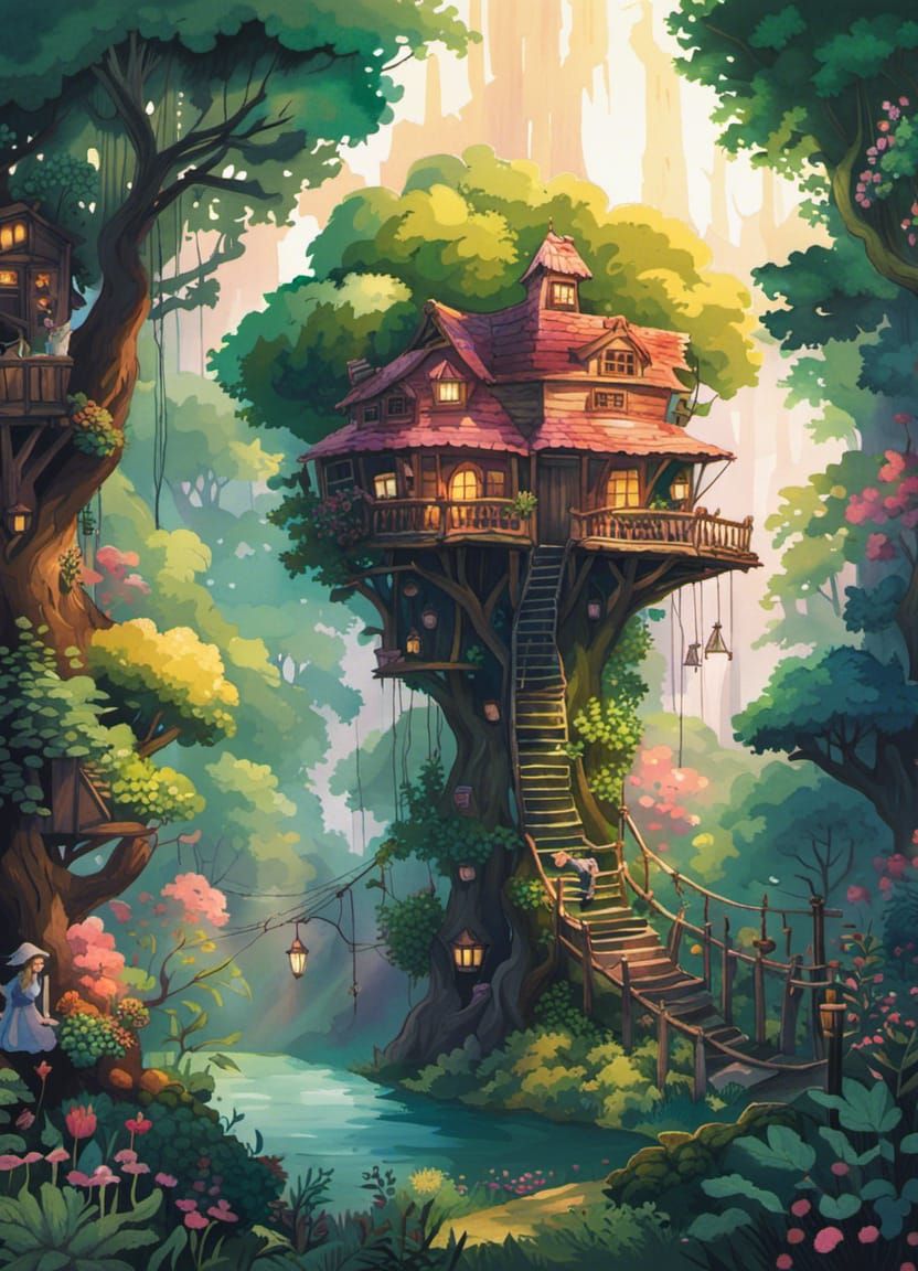 Tree-house [ Watercolor ] - 3 - AI Generated Artwork - NightCafe Creator