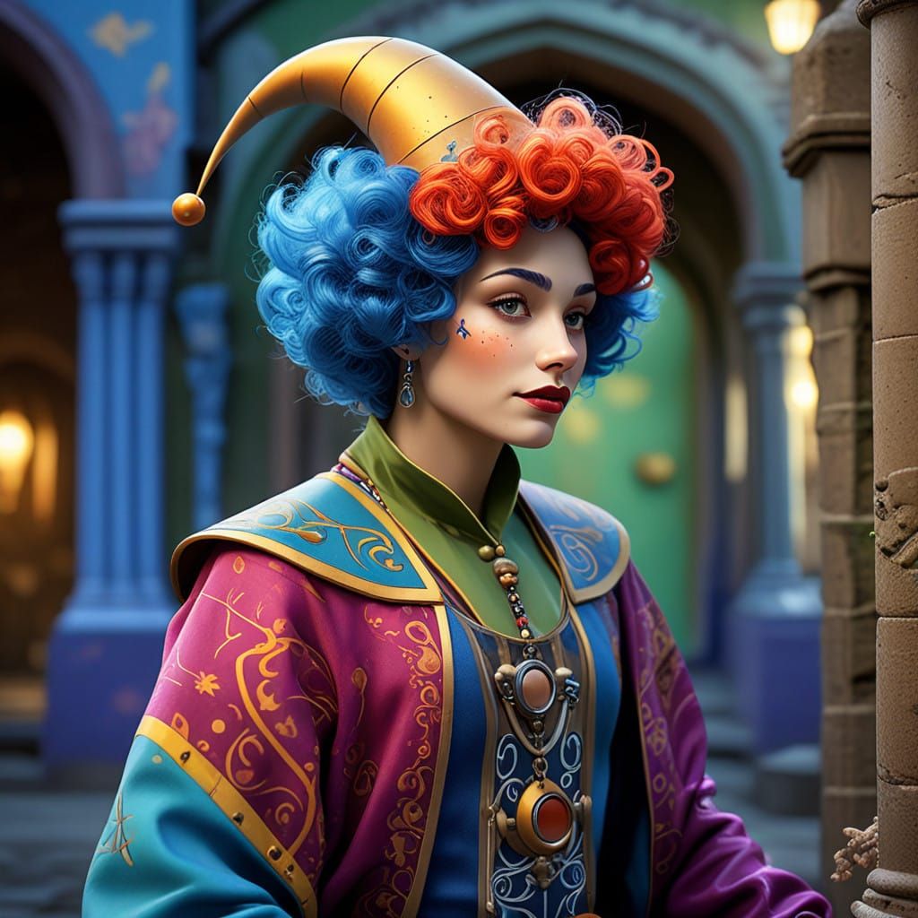 Hyperrealistic Whimsical Jester in Vibrant Castle ... - AI Art