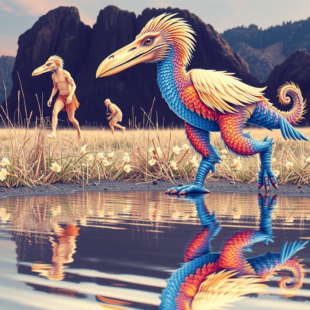 Ancient Avian Dragon Reflected in Shimmering Pool - AI Art