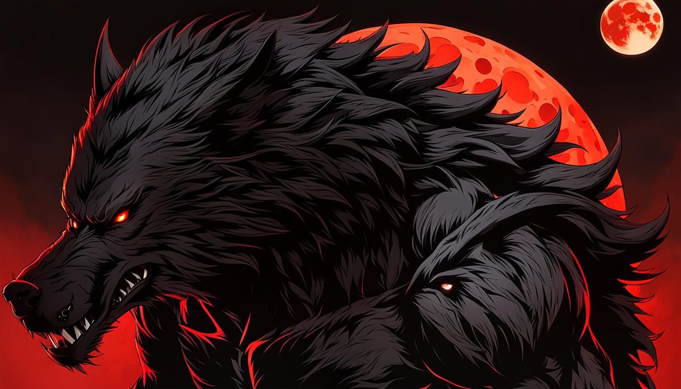 werewolf, with buff muscular body, silhouetted by the light of a (large ...