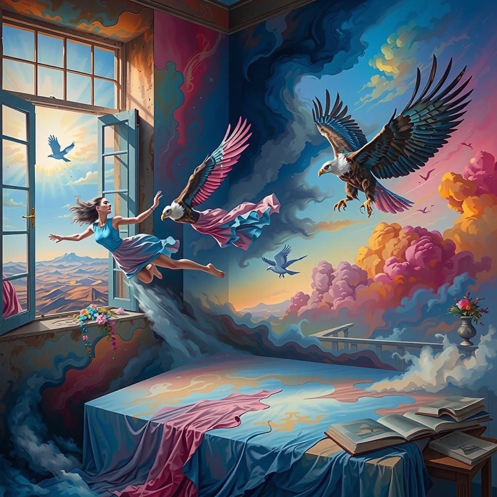 Surrealist Dreamscape with Leaping Woman in Ethereal Light