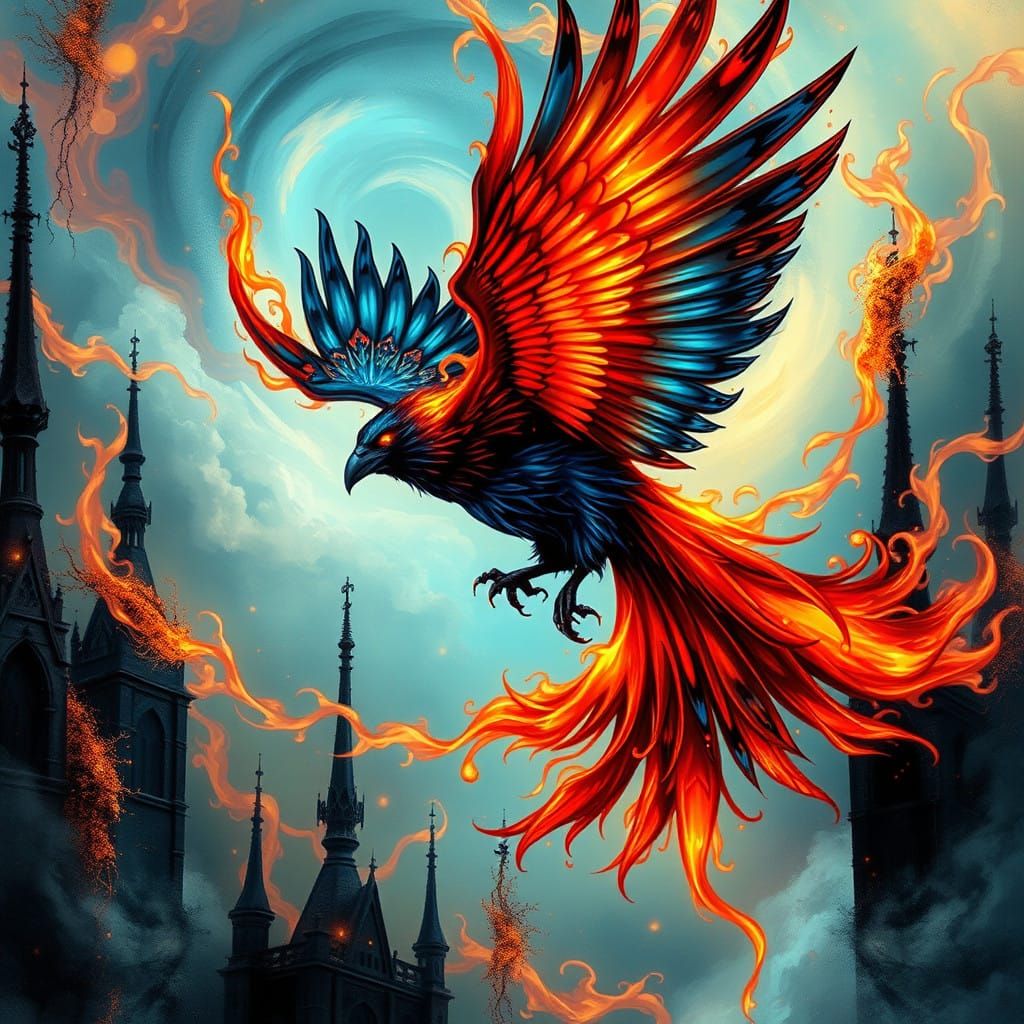 A mystical fire elemental raven, with iridescent wings and eyes aglow ...