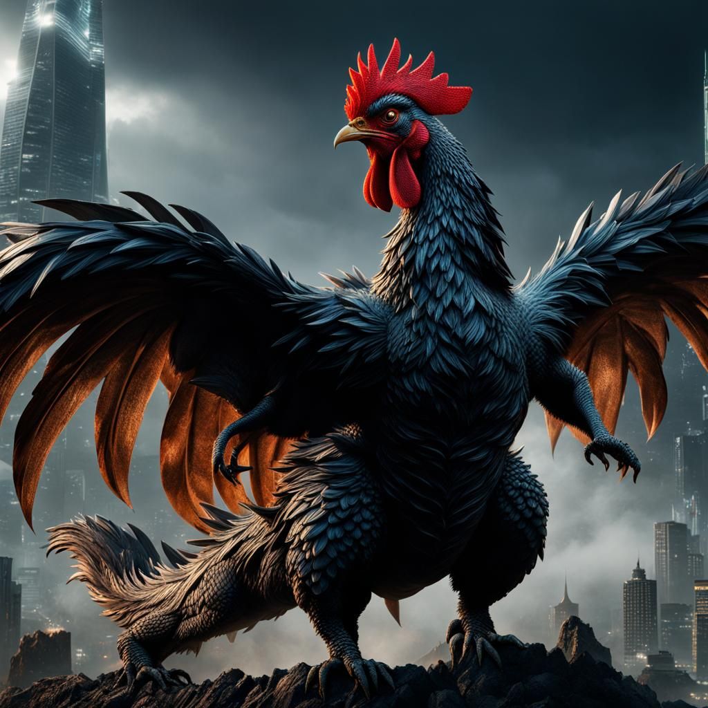 rooster Godzilla hybrid, fantasy, cinematic, atmospheric, masterpiece ...