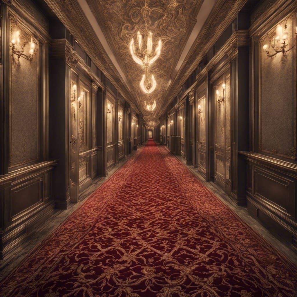 Endless hallways in a shadowy baroque hotel with gold molding and red ...