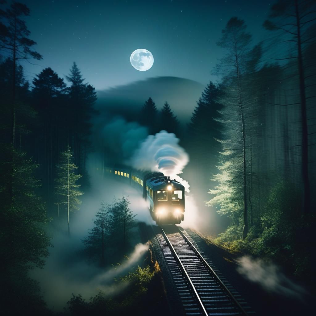 Night trip - Moonlit Train Speeds Through Ethereal Forest in...