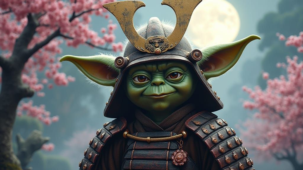 Yoda Samurai - Wise Yoda in Samurai Armor, Moonlit Japanese...