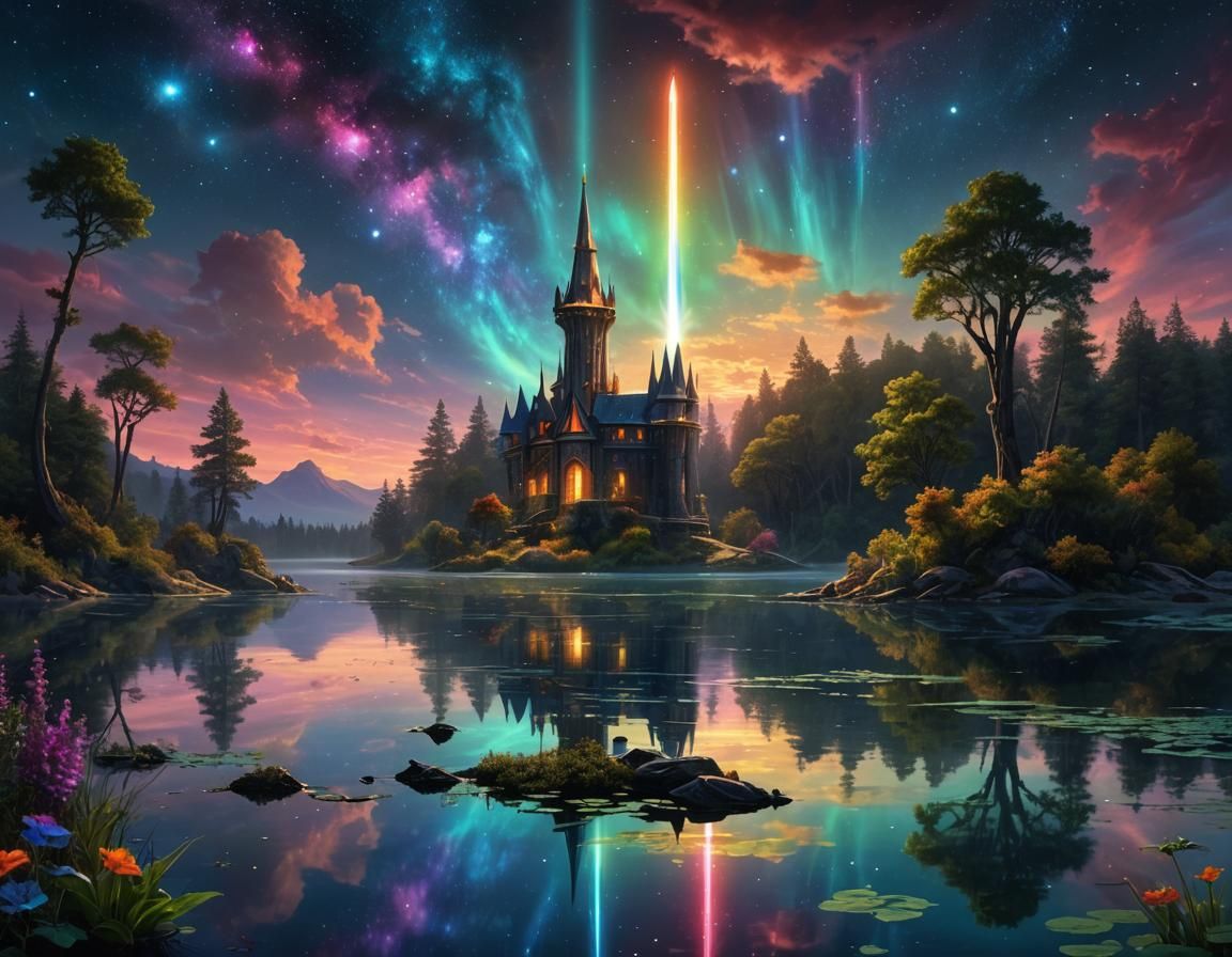 A glowing beam Rises from a castle on a lake - AI Generated Artwork ...