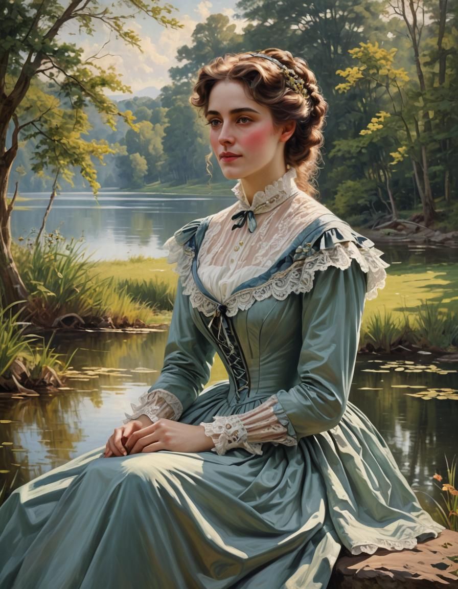 Very Beautiful young Victorian woman in a Victorian dress sitting by a ...