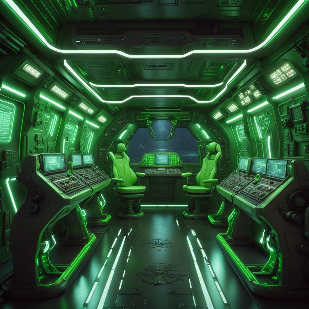 large subdued neon green spaceship interior control bridge with 5 alien ...