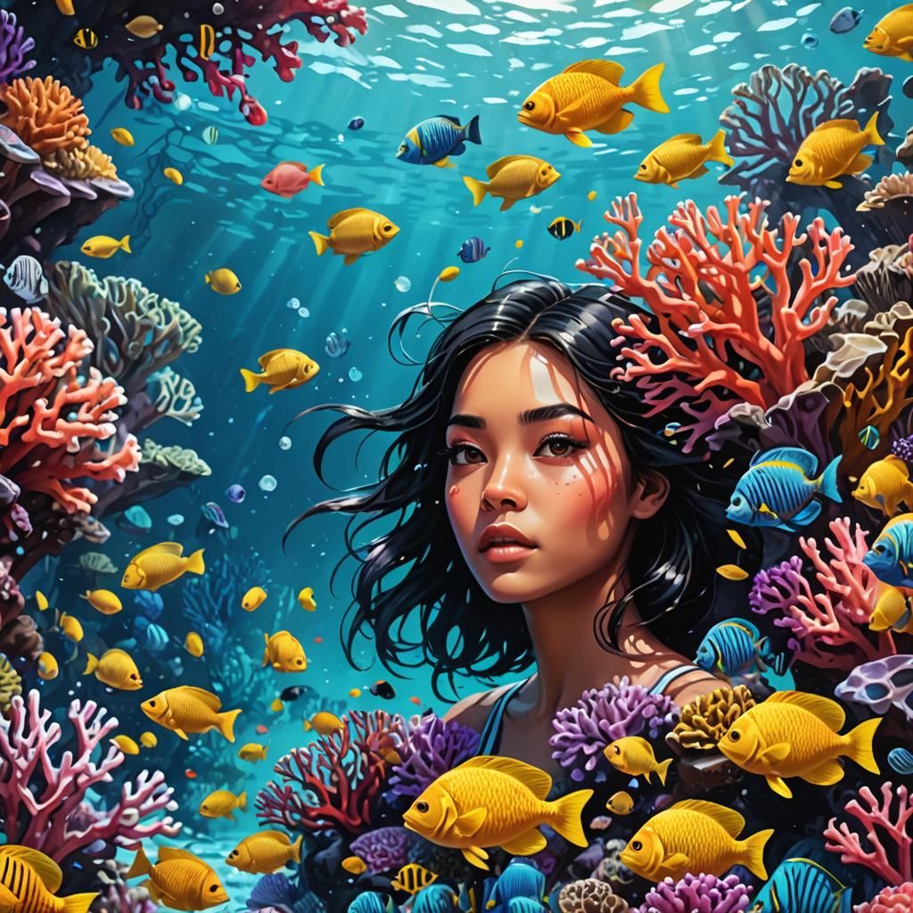 Cute girl snorkelling under water around colorful coral reef structures ...