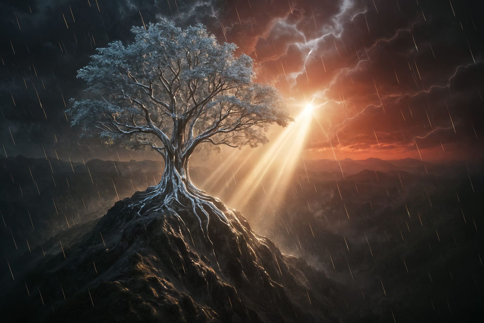 Chrome tree - Ancient Chrome Tree Illuminated by Red Sunset