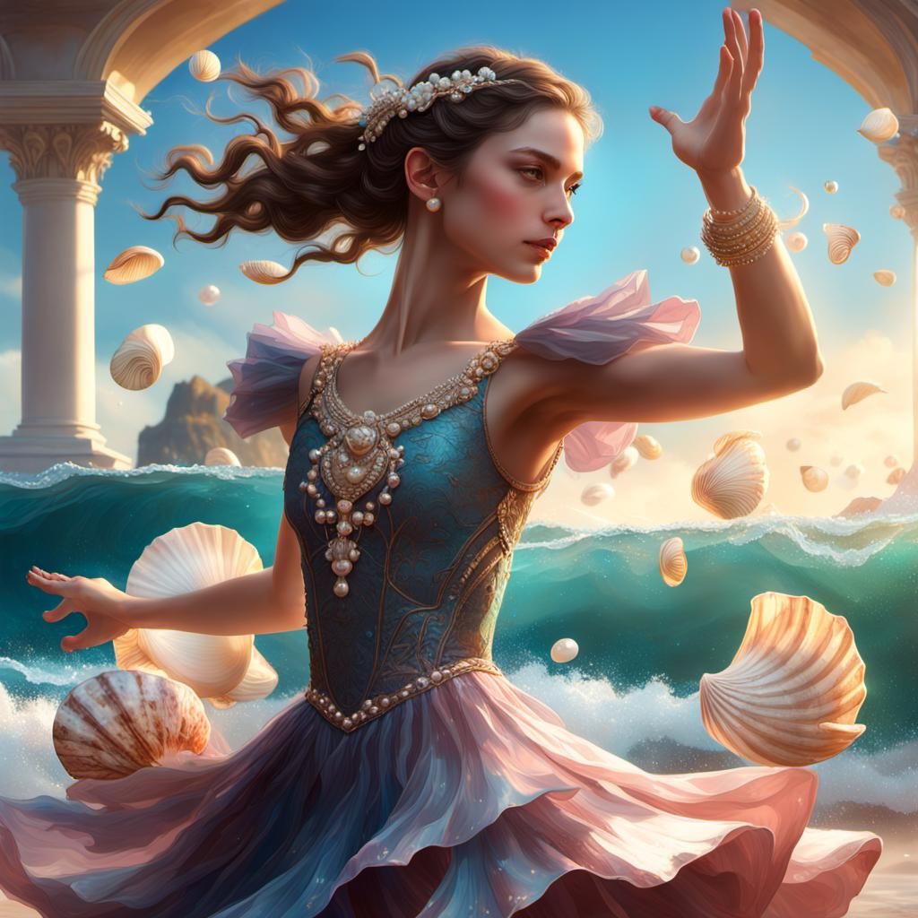 Ballerina dancing in wava dress around ocean with shells and pearls ...