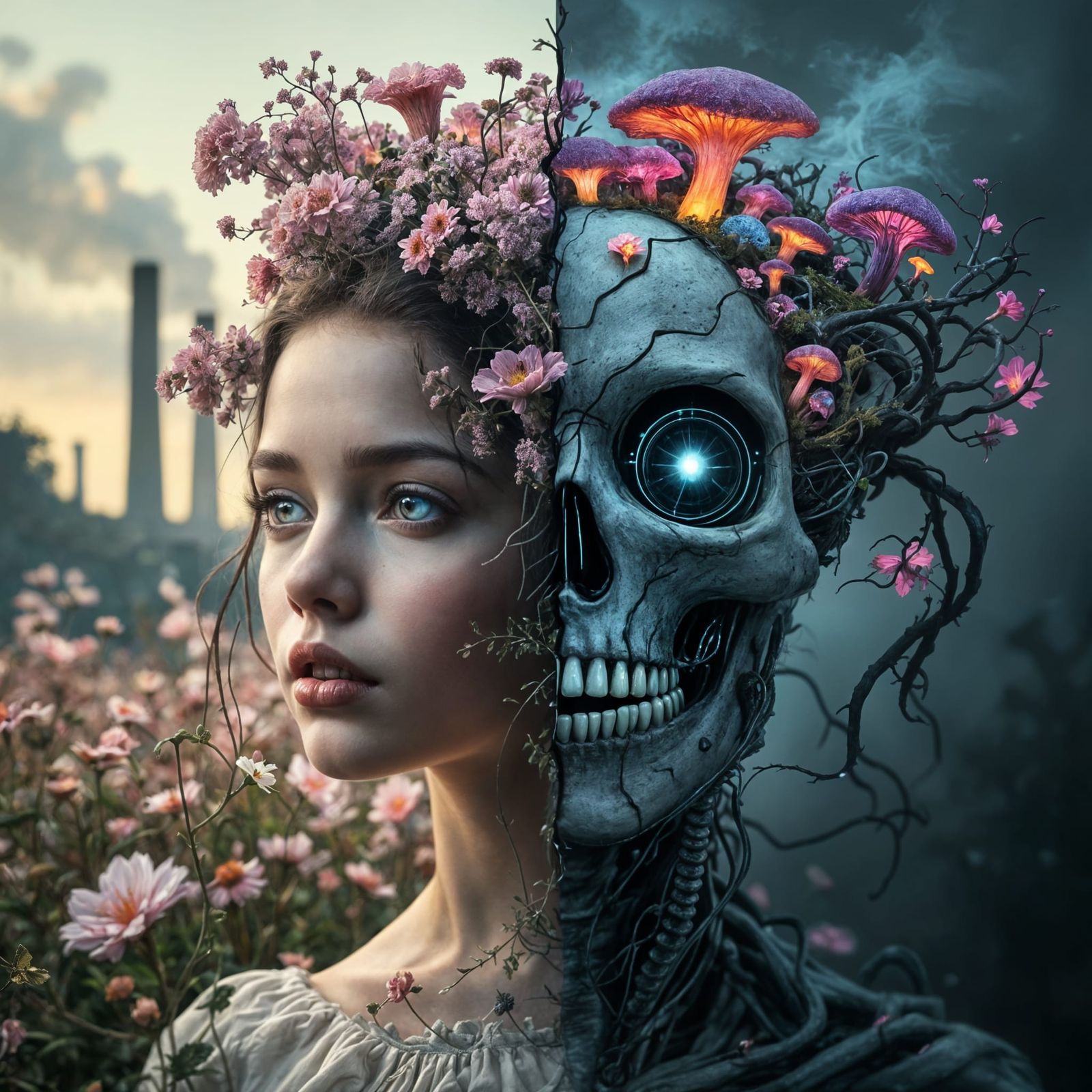 Two contrasting portraits of a being, seamlessly merged