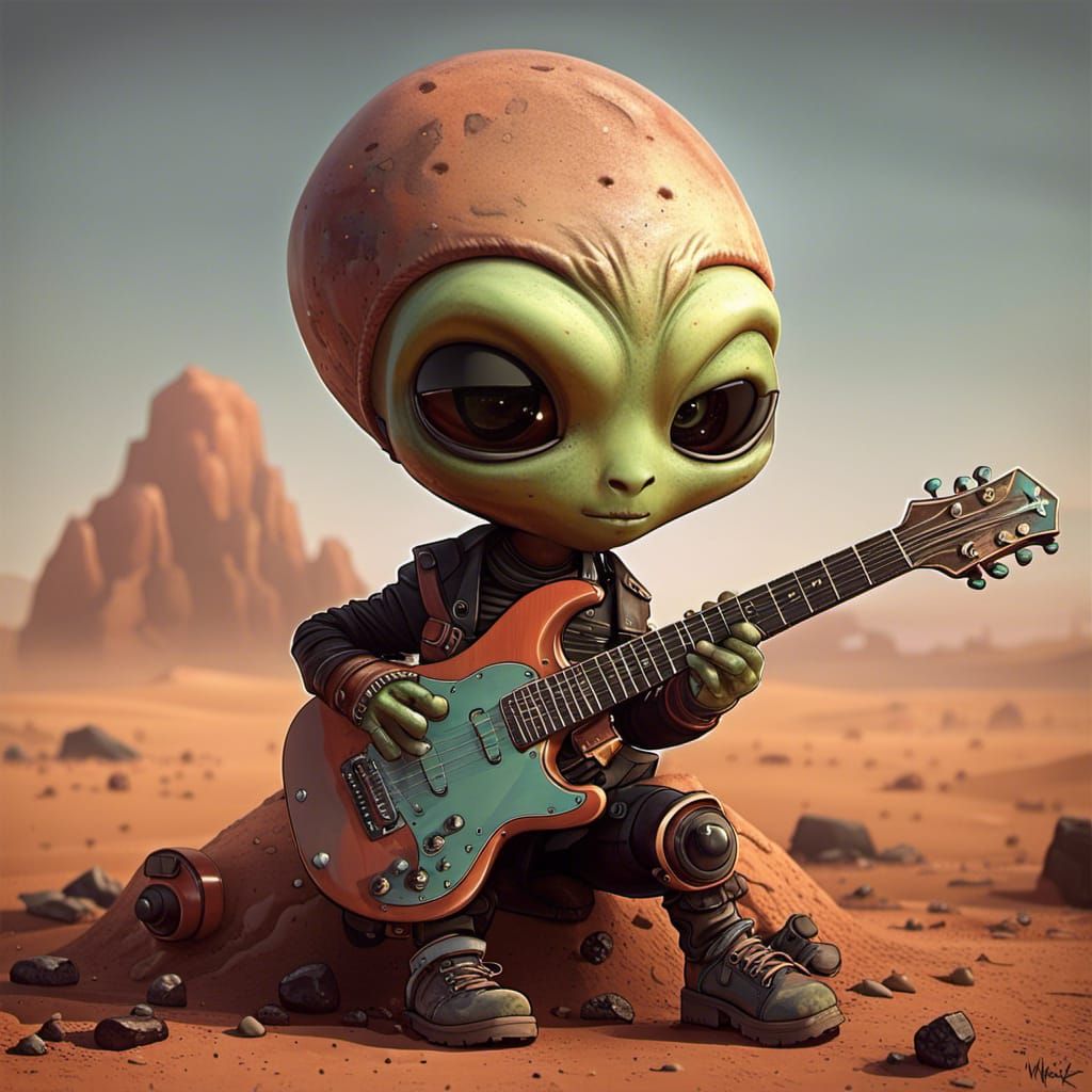 cute chibified Punkrock alien guitar character, mars wasteland, warm ...
