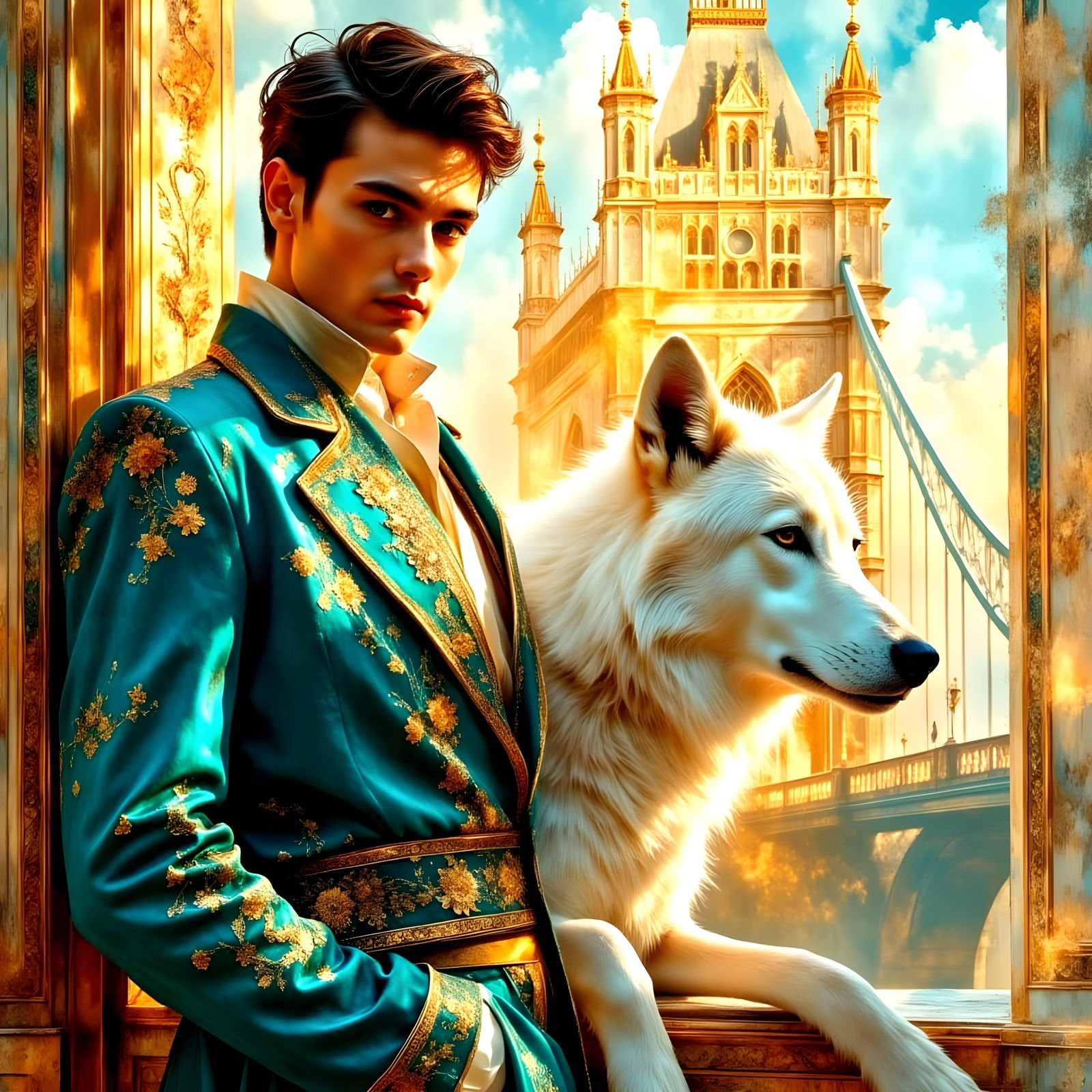 Man and Wolf Stand Together in Majestic Tower Brid... - AI Art