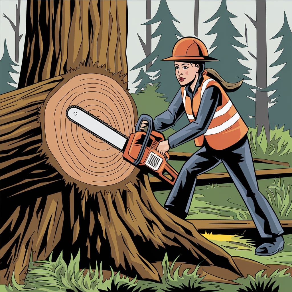 Bold Woman Logger Cuts Down Tree in Graphic Saul B... - AI Art