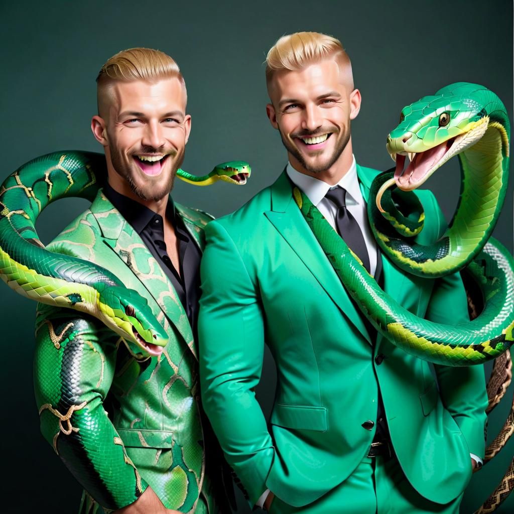 Happy men with big snakes - AI Generated Artwork - NightCafe Creator
