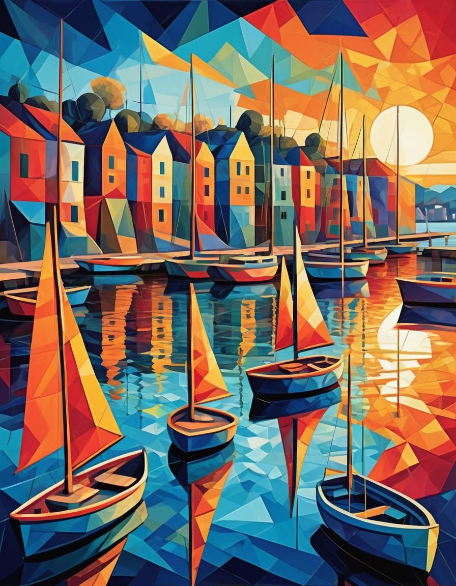 “painting of sailboats in a harbor at sunset, geometric shapes, bright ...