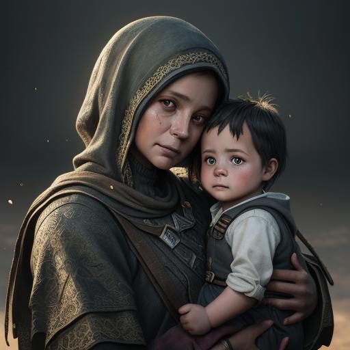 a medium quality photo of a poor ((mother)) and ((child)), photogenic ...