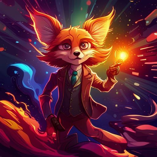 overdetailed close-up of a chibi dapper fox in an explosion of rainbow colors, polychromatic ...