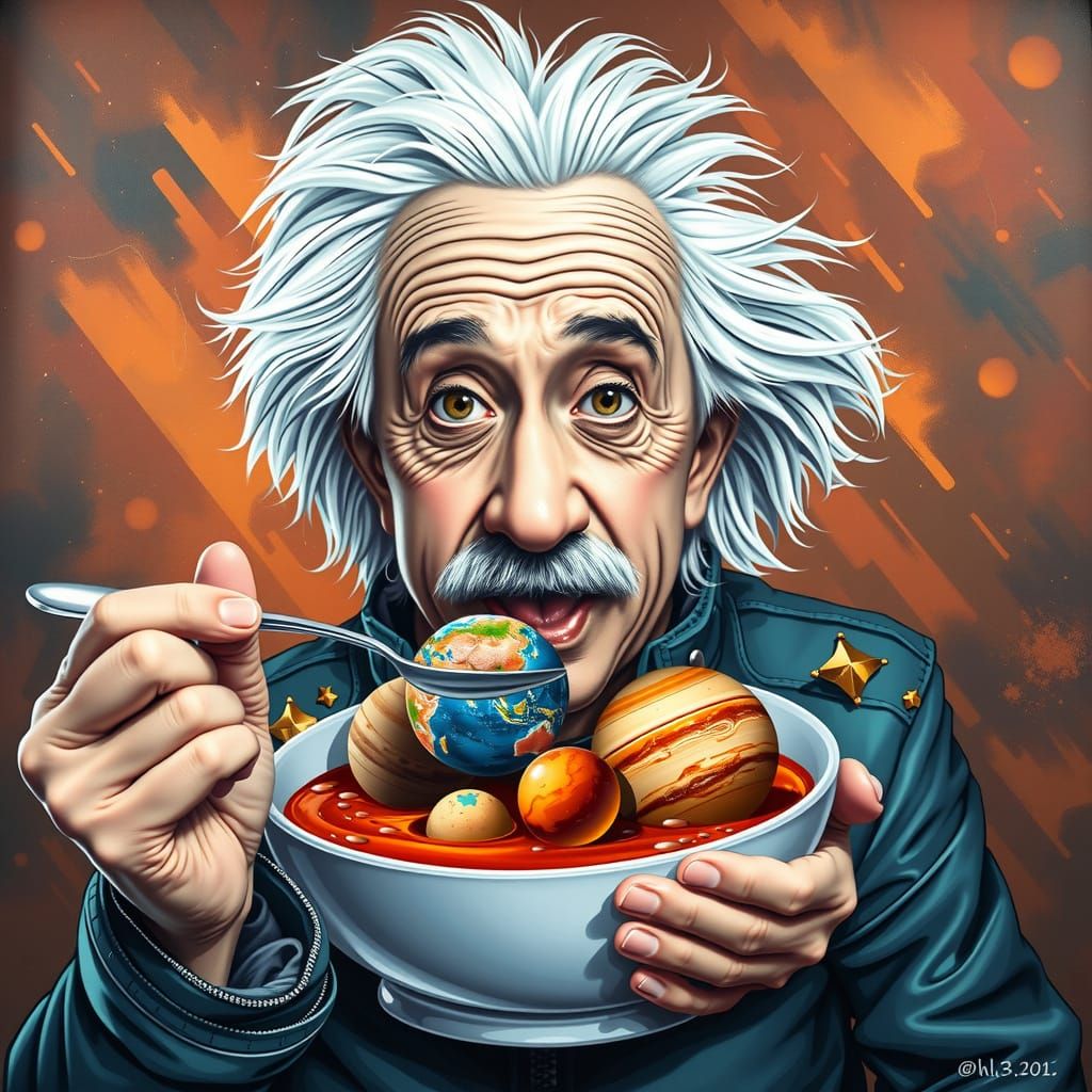 Albert Einstein eating a bowl of planets