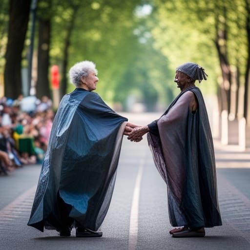 Two old people dancing in garbage bags - AI Generated Artwork ...