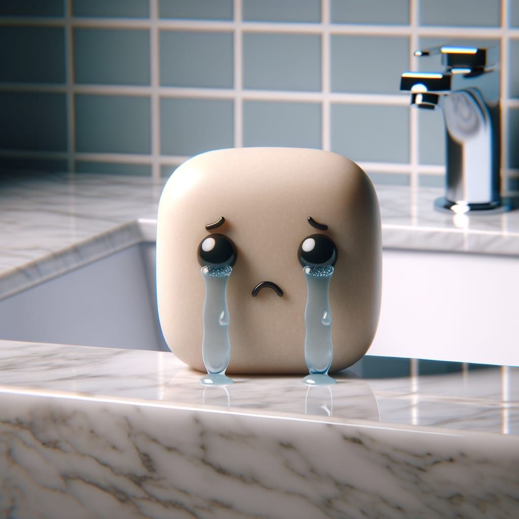 Adorable CGI cartoon sad sobbing crying soap, bathroom counter - AI ...