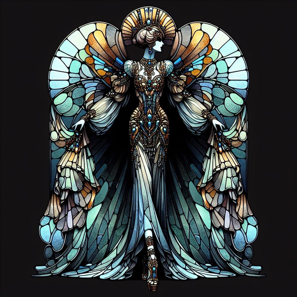 dressed in A magnificent robe made of stained glass, with glassy high ...