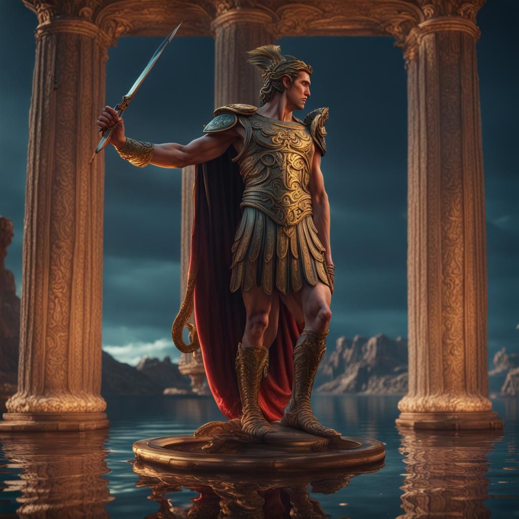 Perseus Gazes into Lake Reflection: Fantasy Concep... - AI Art