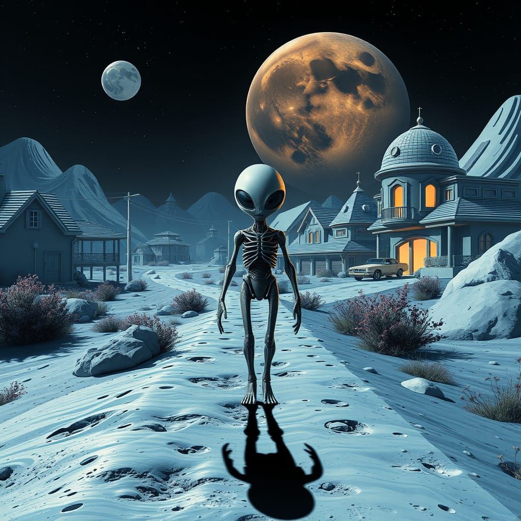 Alien Explores Futuristic Lunar Neighborhood - AI Art