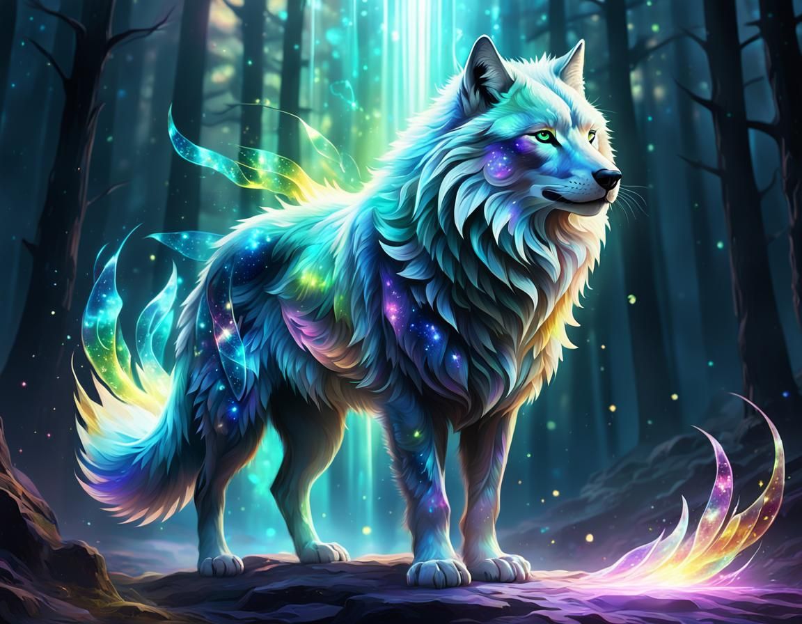 Iridescence - Wolf transformed into a mythical being; vivid colors with ...