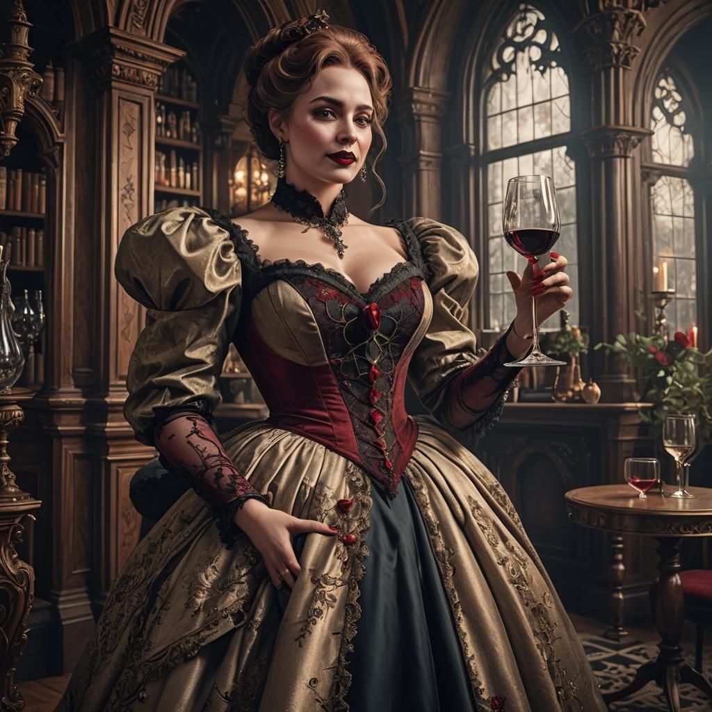 Victorian gothic woman in big gown deep red lipstick smirking with ...