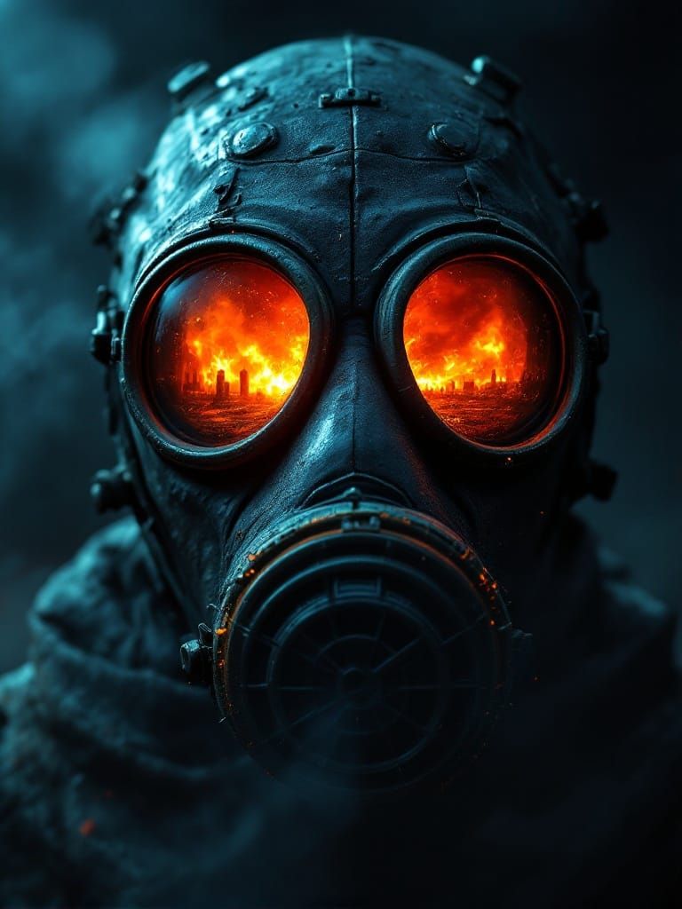 A close-up shot of a Chernobyl liquidator's gas mask, filling the frame ...