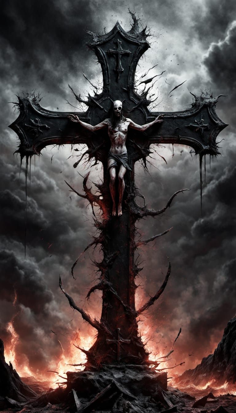 Demonic cross, sky splattered with swirling black. Ground littered ...