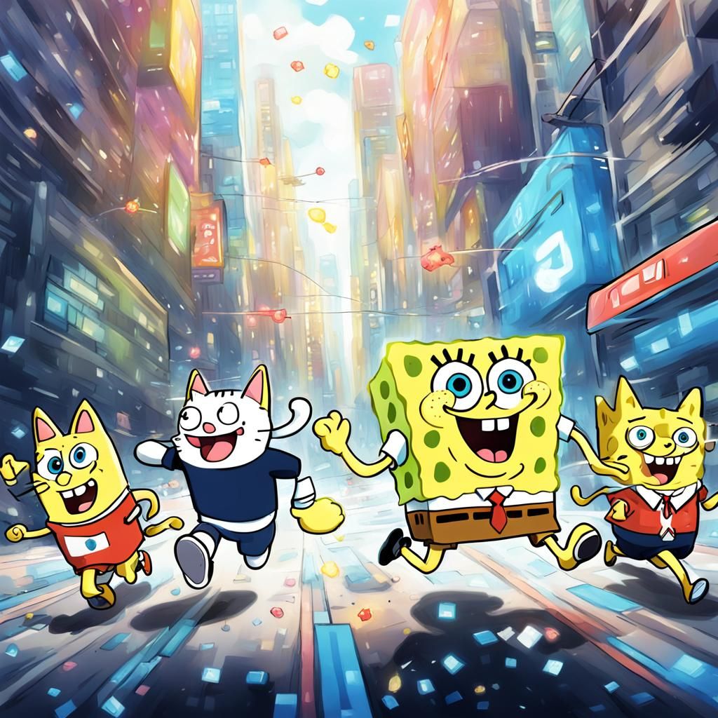spongebob running behind cats in a high tech world - AI Generated ...