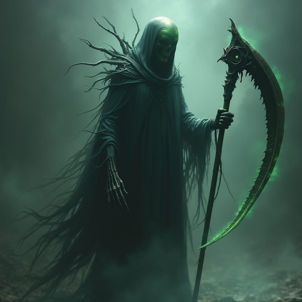 Death Awaits - Gothic Alien Reaper Towering in Dark, Etherea...