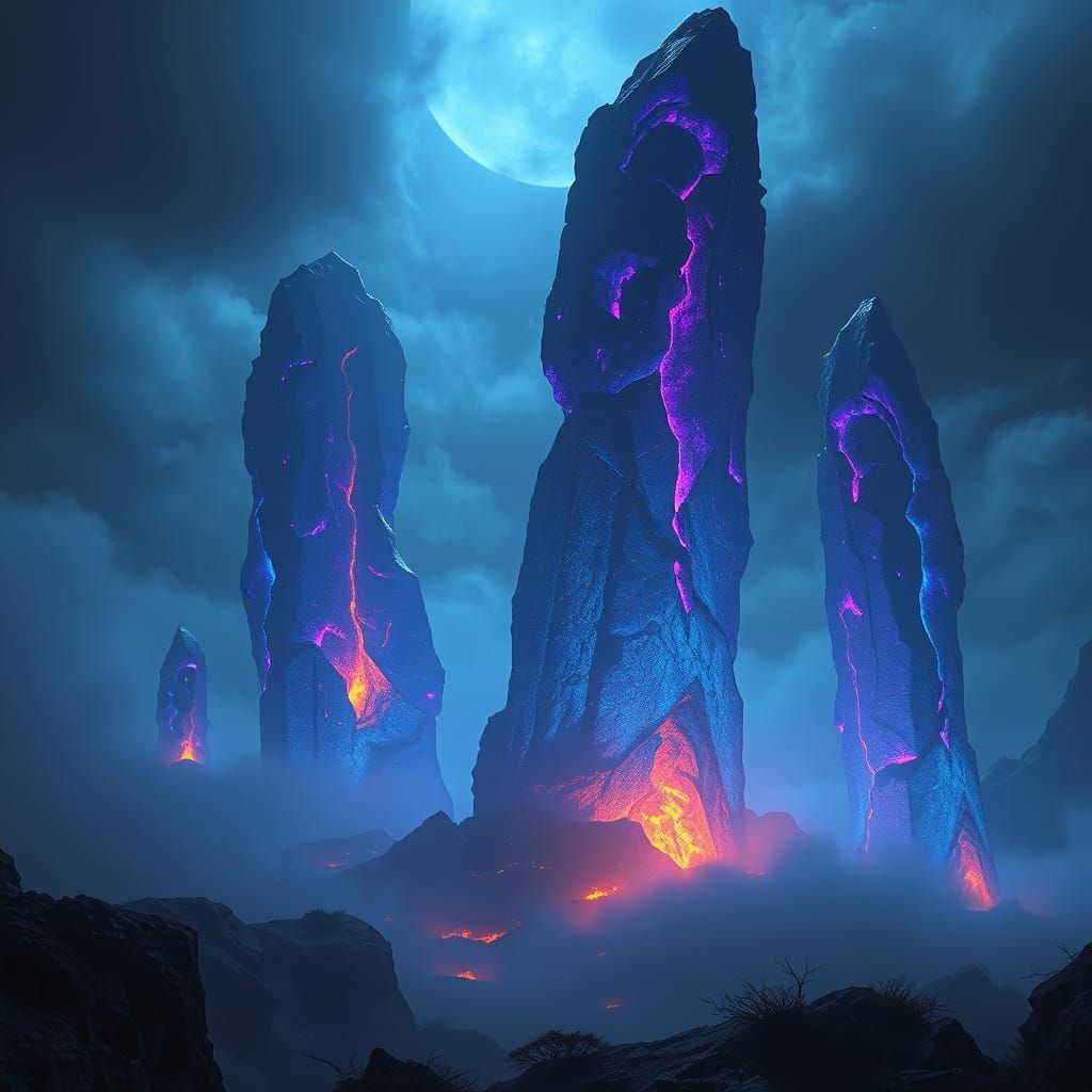 Alien monoliths in the night. - Ethereal Monoliths Under Ind...