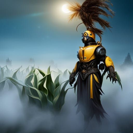 Bumble bee scarecrow in a field of corn, with gears for eyes highly ...
