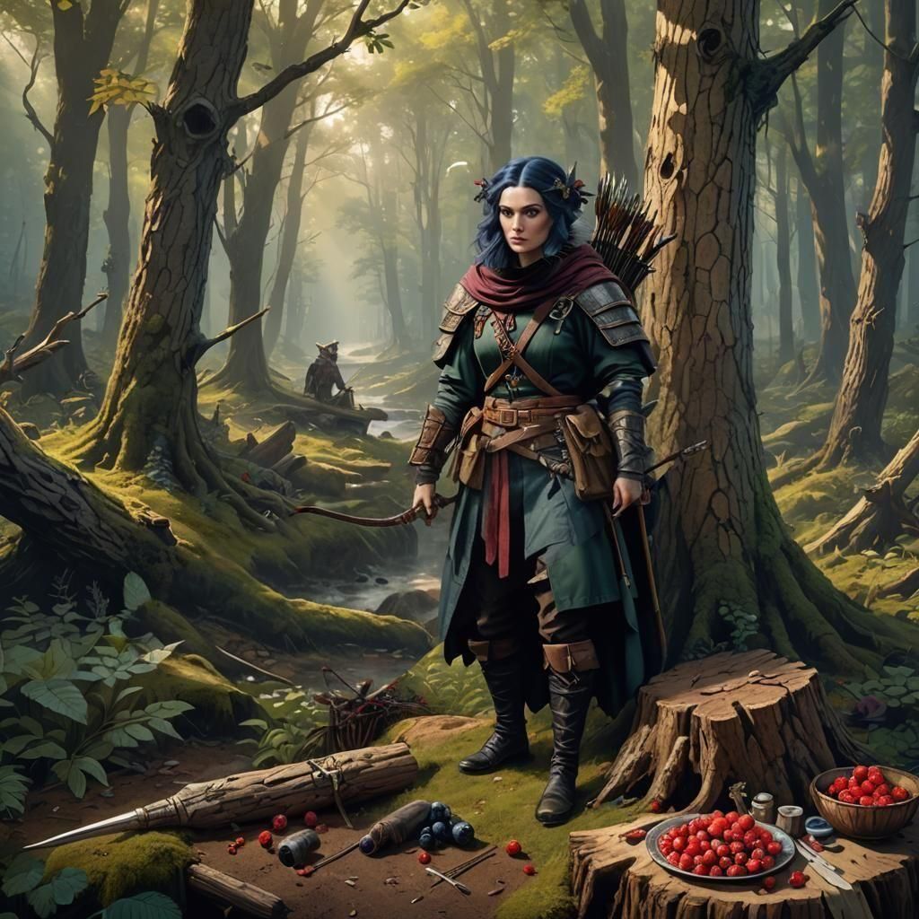 A huntress in a hiking costume with a bow and arrows behind her back, a ...